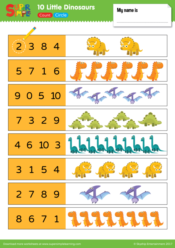 10 Little Dinosaurs Worksheet - Count & Circle - Super Simple