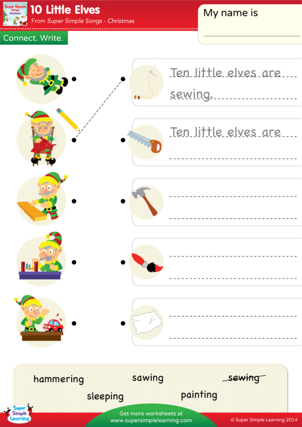 10 Little Elves Worksheet - Connect & Write - Super Simple