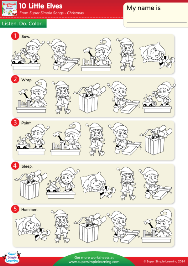 10 Little Elves Worksheet - Listen, Do, & Color - Super Simple