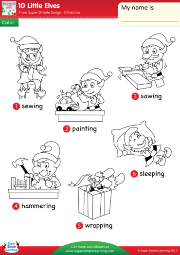 10 Little Elves Worksheet - Vocabulary Coloring - Super Simple
