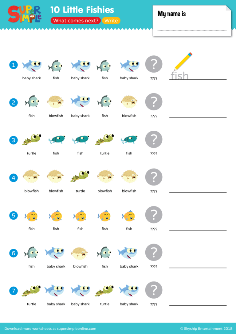 10 Little Fishies Worksheet - What Comes Next? - Super Simple