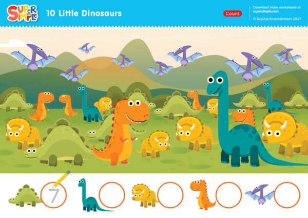 10 Little Dinosaurs Worksheet - Count - Super Simple