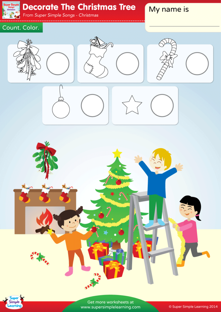 Decorate The Christmas Tree Worksheet - Count & Color - Super Simple