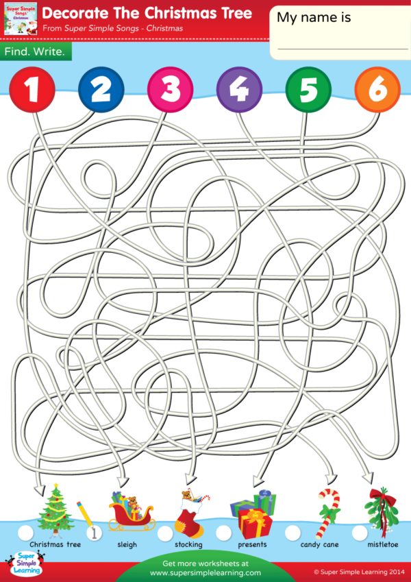 Decorate The Christmas Tree Worksheet - Follow The Lines - Super Simple