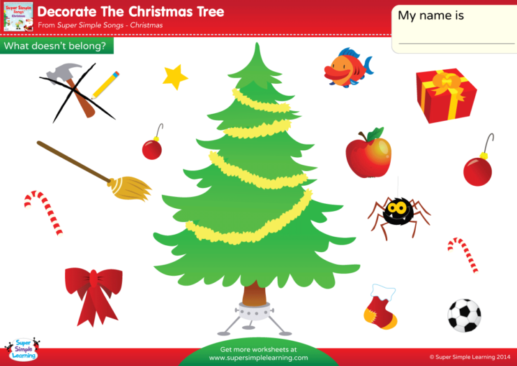 Decorate The Christmas Tree Worksheet - What Doesn't Belong? - Super Simple