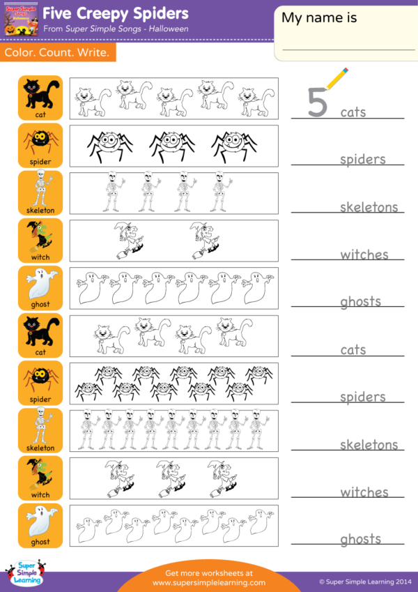 Five Creepy Spiders Worksheet - Color, Count, & Write - Super Simple