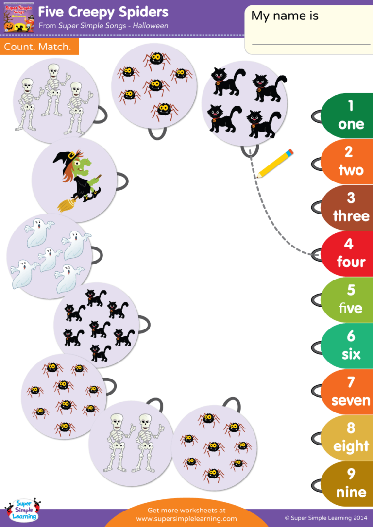 Five Creepy Spiders Worksheet - Count & Match - Super Simple