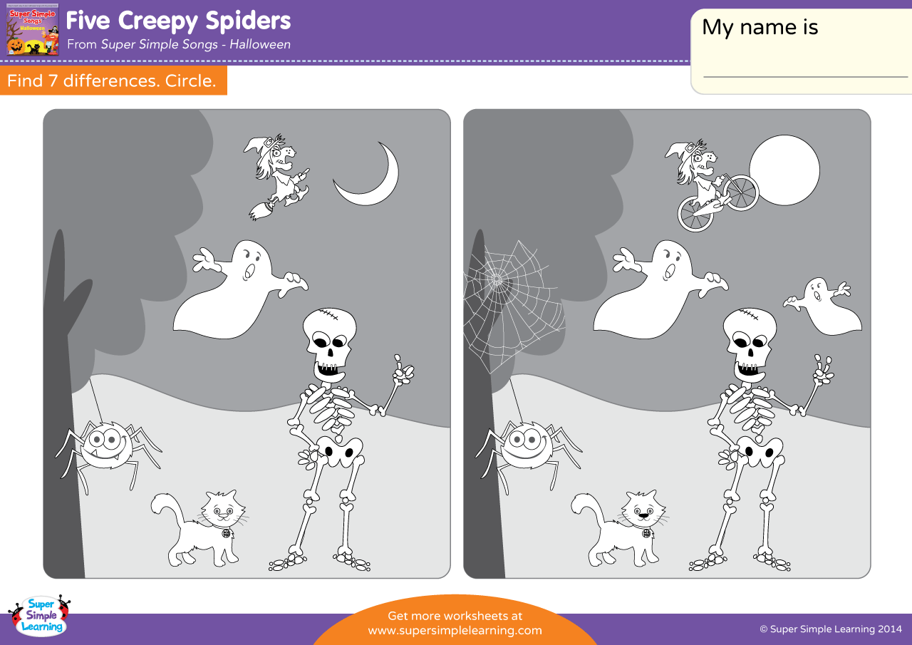 Five Creepy Spiders Worksheet - Find The Differences - Super Simple