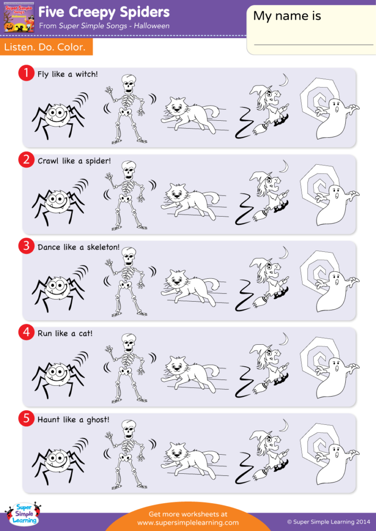 Five Creepy Spiders Worksheet - Listen, Do, & Color - Super Simple