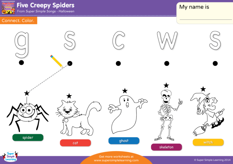 Five Creepy Spiders Worksheet - Lowercase Letter Matching - Super Simple
