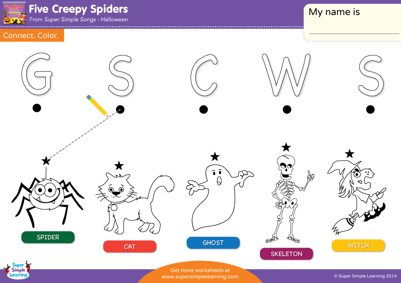 Five Creepy Spiders Worksheet - Uppercase Letter Matching - Super Simple