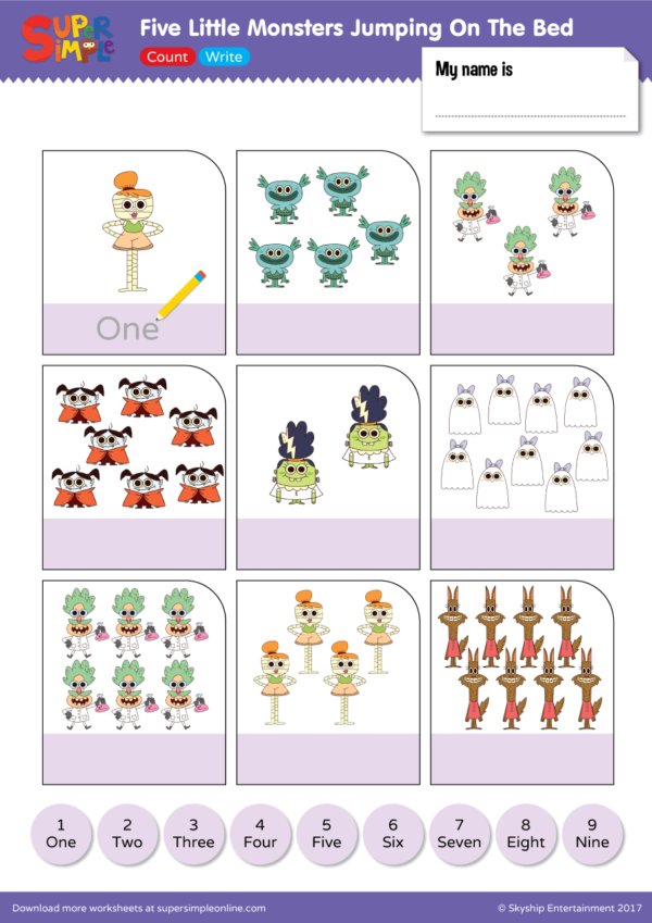 Five Little Monsters Jumping On The Bed - Count & Write - Super Simple