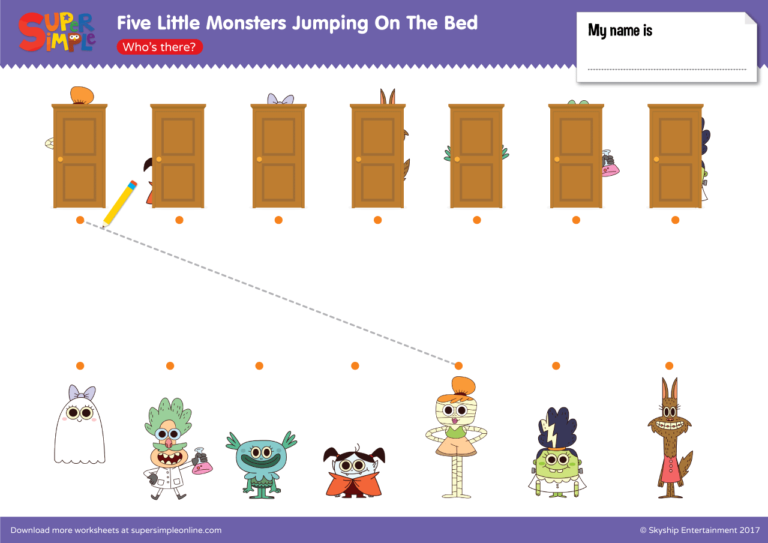 Five Little Monsters Jumping On The Bed - Who's There? - Super Simple