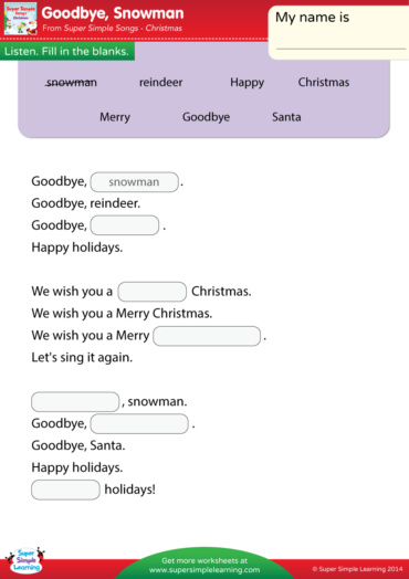 Goodbye, Snowman Worksheet - Fill In The Blanks - Super Simple