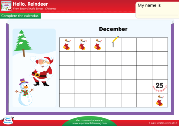 Hello, Reindeer Worksheet - Complete The Calendar (2) - Super Simple