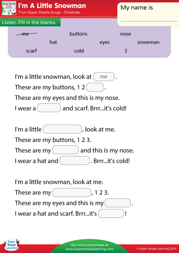 I'm A Little Snowman Worksheet - Fill In The Blanks - Super Simple