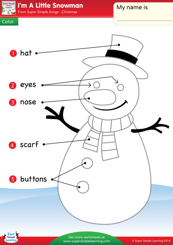 I'm A Little Snowman Worksheet - Vocabulary Coloring (2) - Super Simple