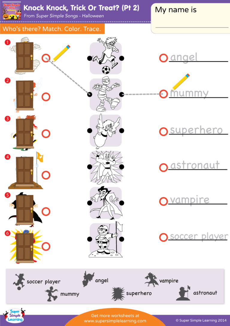 Knock Knock, Trick Or Treat? (Part 2) Worksheet - Match, Color, & Trace ...
