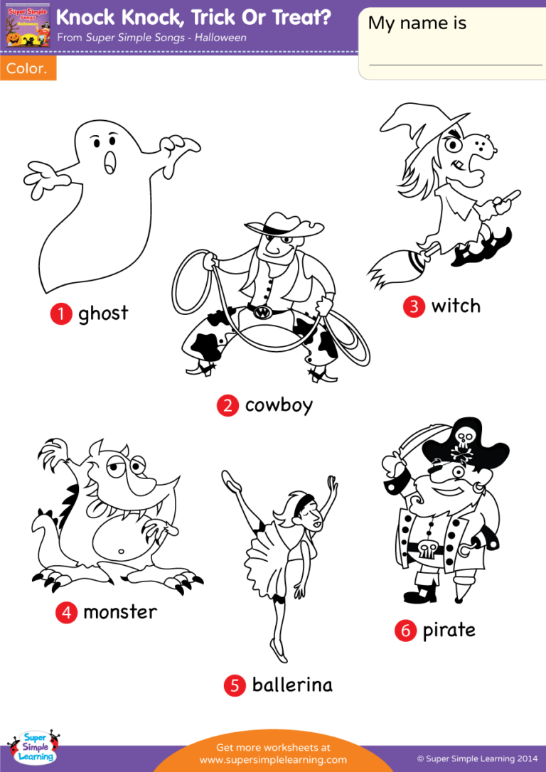 Knock Knock, Trick Or Treat? Worksheet - Vocabulary Coloring - Super Simple