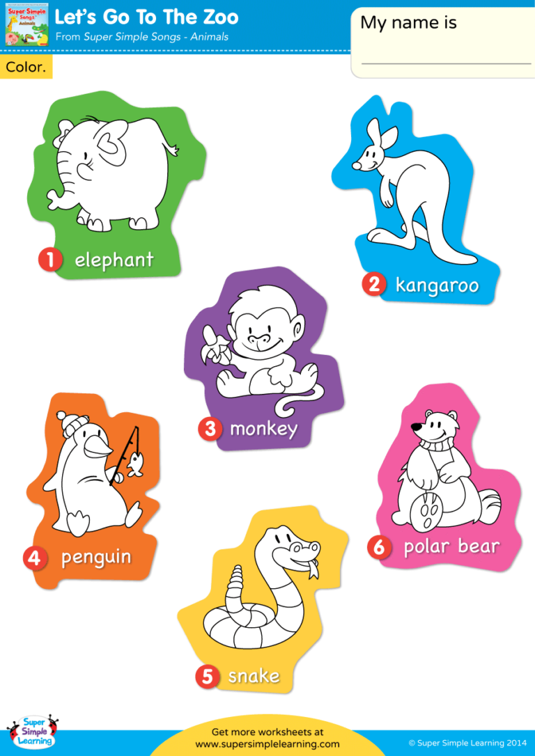 Let's Go To The Zoo Worksheet - Vocabulary Coloring - Super Simple