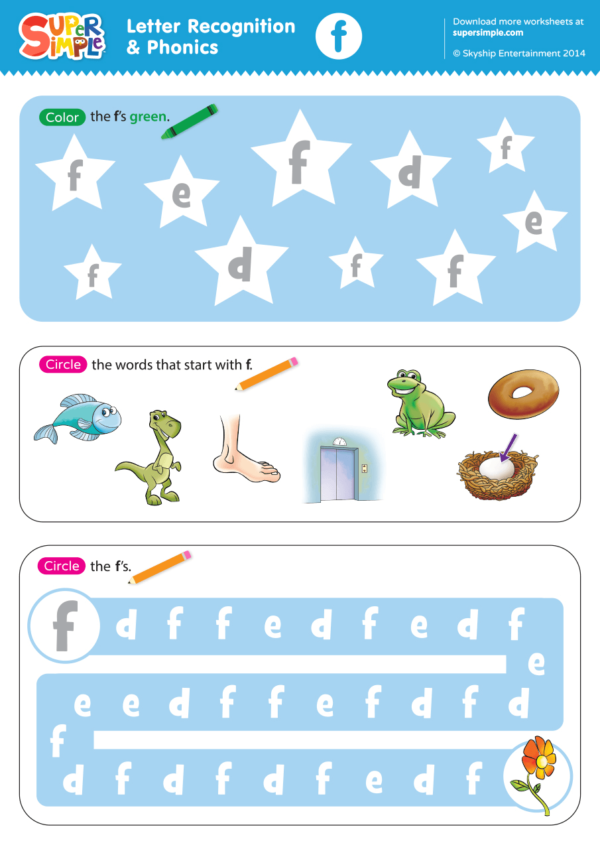 Letter Recognition & Phonics Worksheet - f (lowercase) - Super Simple