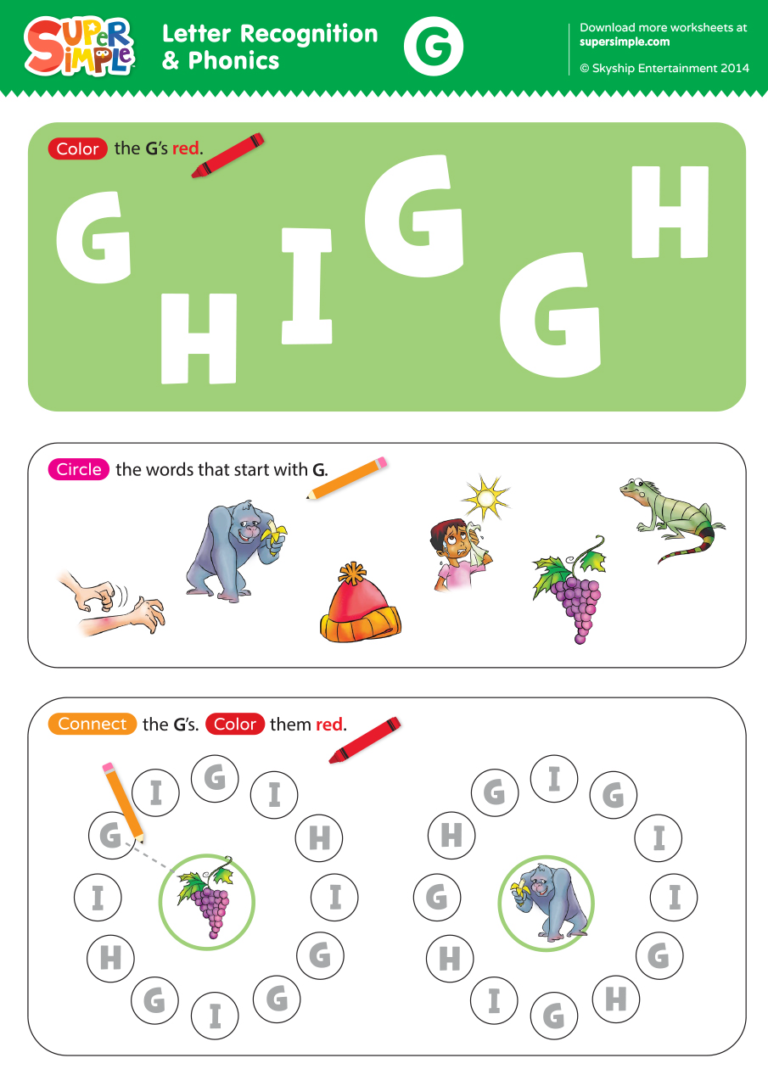 Letter Recognition & Phonics Worksheet - G (Uppercase) - Super Simple
