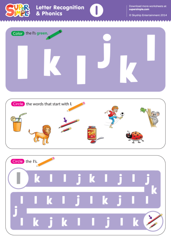 Letter Recognition & Phonics Worksheet - l (lowercase) - Super Simple