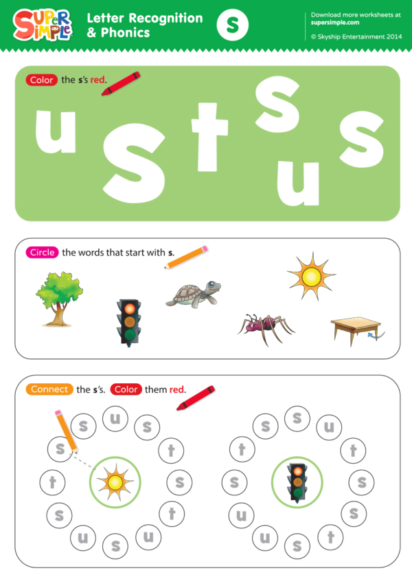Letter Recognition & Phonics Worksheet - s (lowercase) - Super Simple