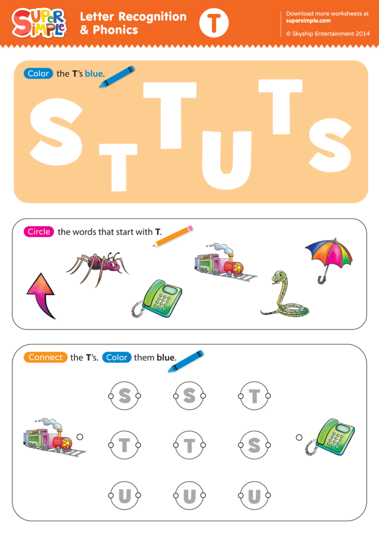 Letter Recognition & Phonics Worksheet - T (Uppercase) - Super Simple