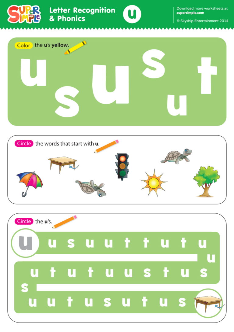 Letter Recognition & Phonics Worksheet - u (lowercase) - Super Simple