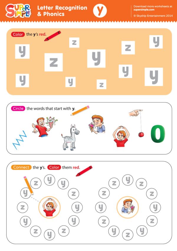 Letter Recognition & Phonics Worksheet - y (lowercase) - Super Simple