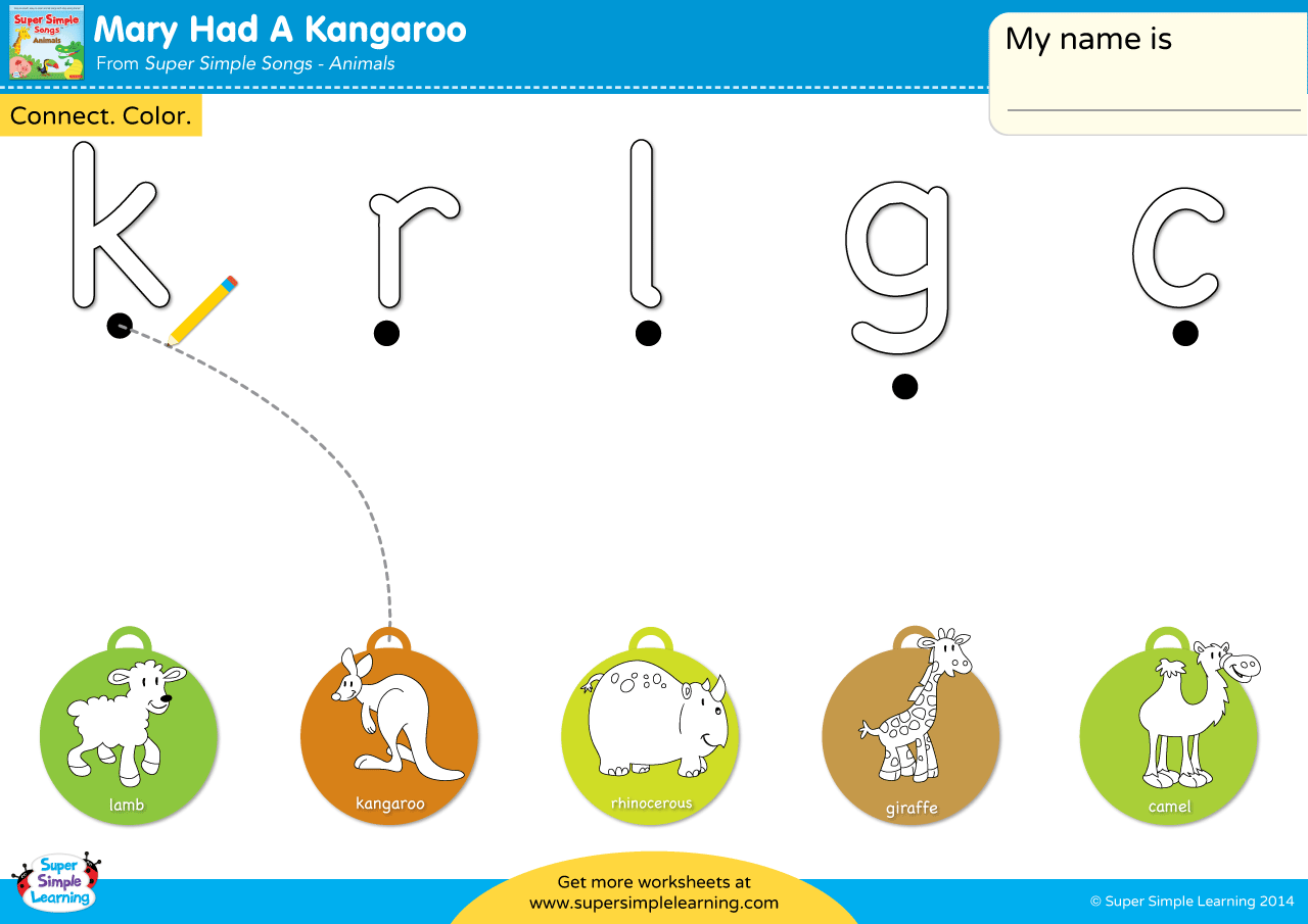 Mary Had A Kangaroo Worksheet - Lowercase Letter Matching - Super Simple