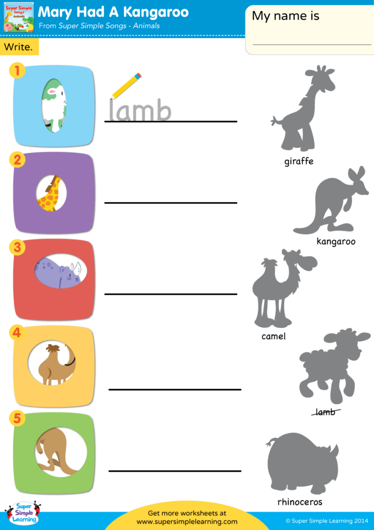 Mary Had A Kangaroo Worksheet - Write - Super Simple