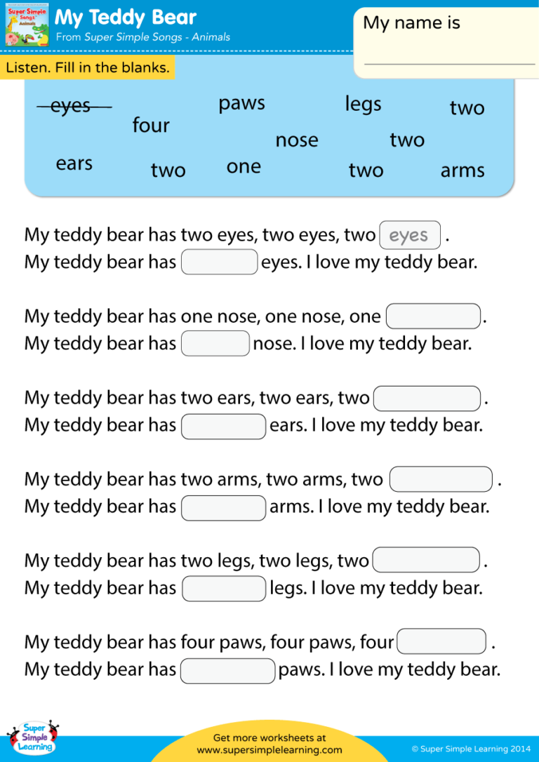 My Teddy Bear Worksheet - Fill In The Blanks - Super Simple