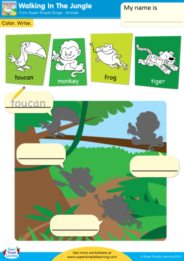 Walking In The Jungle Worksheet - Color, Find, & Write - Super Simple