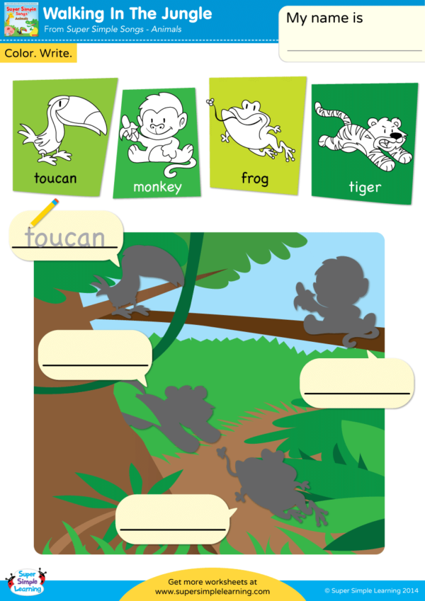 Walking In The Jungle Worksheet - Color, Find, & Write - Super Simple