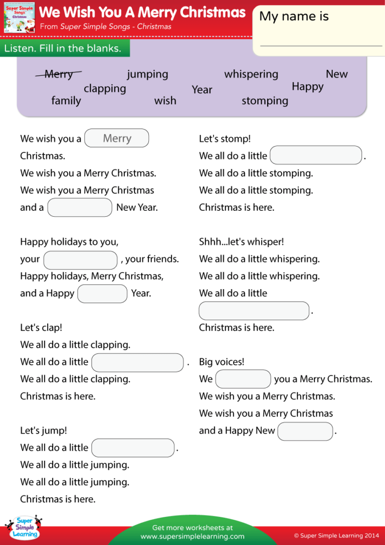 We Wish You A Merry Christmas Worksheet - Fill In The Blanks - Super Simple